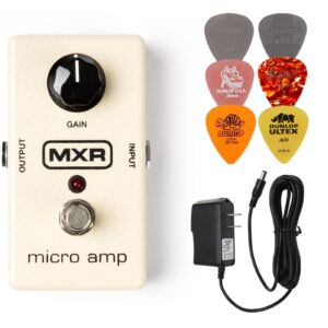 mxr m133 micro amp booster effects pedal bundle with ac/dc adapter power supply for 9 volt dc 1000ma and 6 assorted dunlop guitar picks �