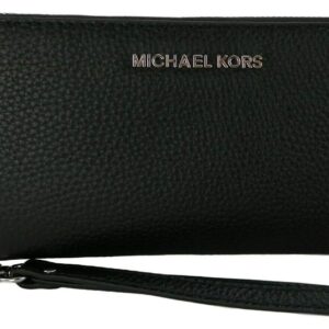 Michael Kors Jet Set Travel Continental Zip Around Leather Wallet Wristlet (Black with Silver Hardware)