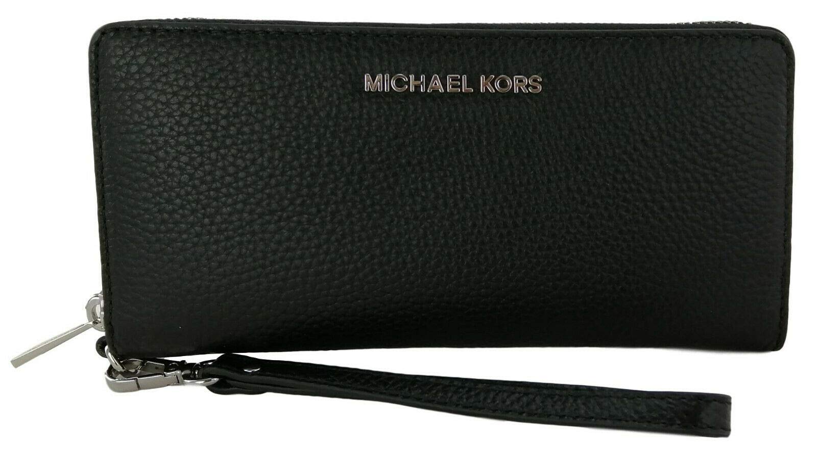 Michael Kors Jet Set Travel Continental Zip Around Leather Wallet Wristlet (Black with Silver Hardware)