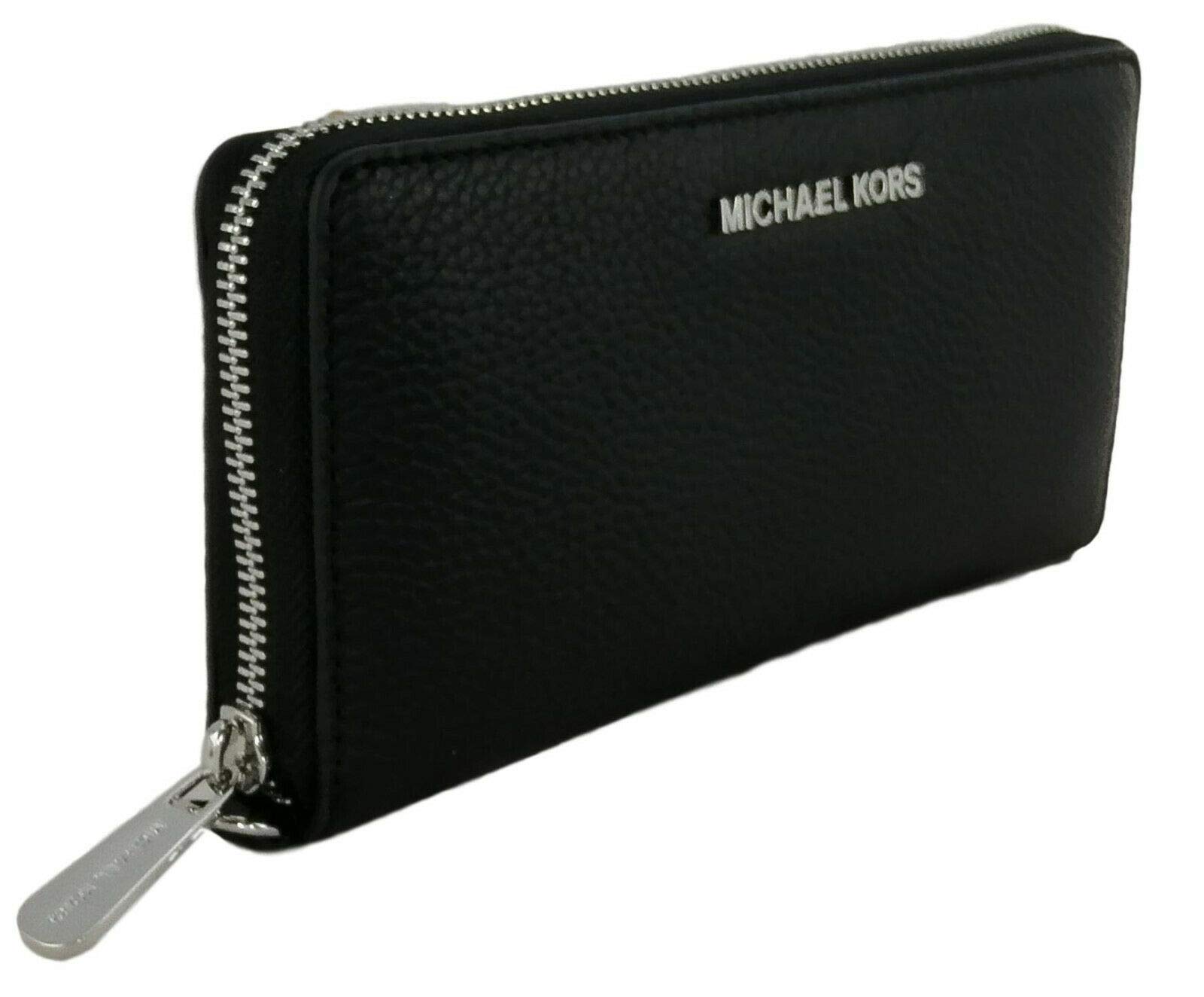 Michael Kors Jet Set Travel Continental Zip Around Leather Wallet Wristlet (Black with Silver Hardware)