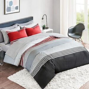 comfort spaces twin xl comforter sets with sheets - bed in a bag 6 pieces teen bedding sets twin xl, red and grey stripes bedding twin xl, college twin xl bed set with 2 side pockets bedroom organizer