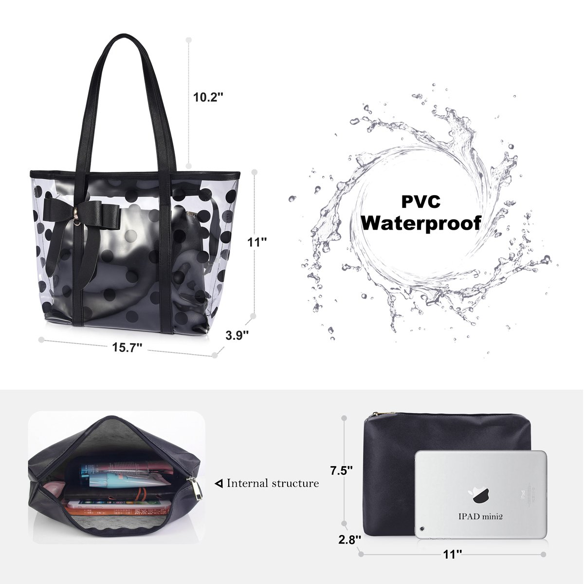 AIBILIEI ABLE Women's Clear Tote Bags Multi-Use Shoulder bag Handbag Beach bag Shopping Bag (Black)