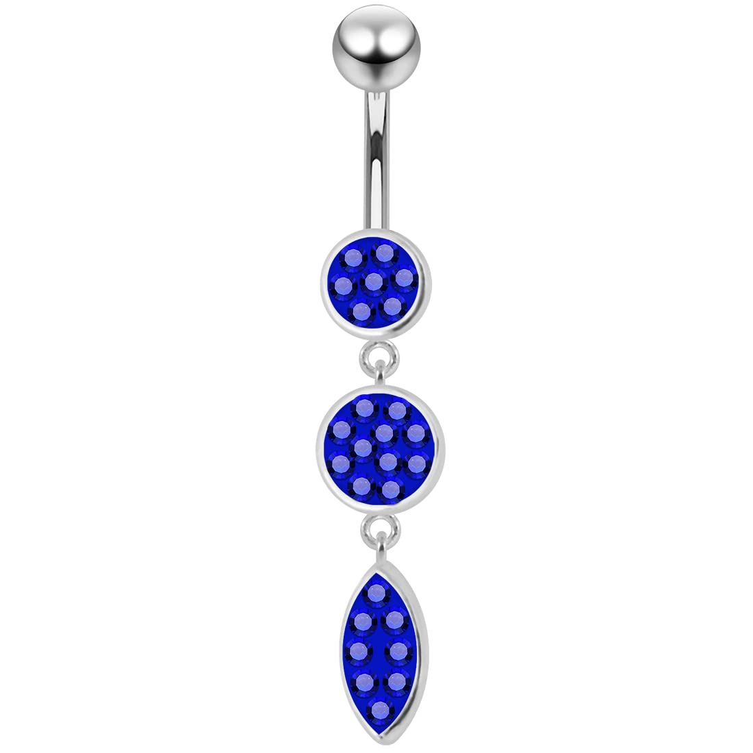 Dark Blue Multi Crystal Stone 2 Round with Eye Shape Dangling 925 Sterling Silver Belly Ring Body Jewelry