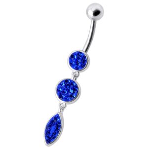 Dark Blue Multi Crystal Stone 2 Round with Eye Shape Dangling 925 Sterling Silver Belly Ring Body Jewelry