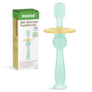 haakaa 360° baby toothbrush with suction base - gentle cleaning for toddler's self-brushing training, food-grade silicone, adjustable safety shield - blue (1 piece)