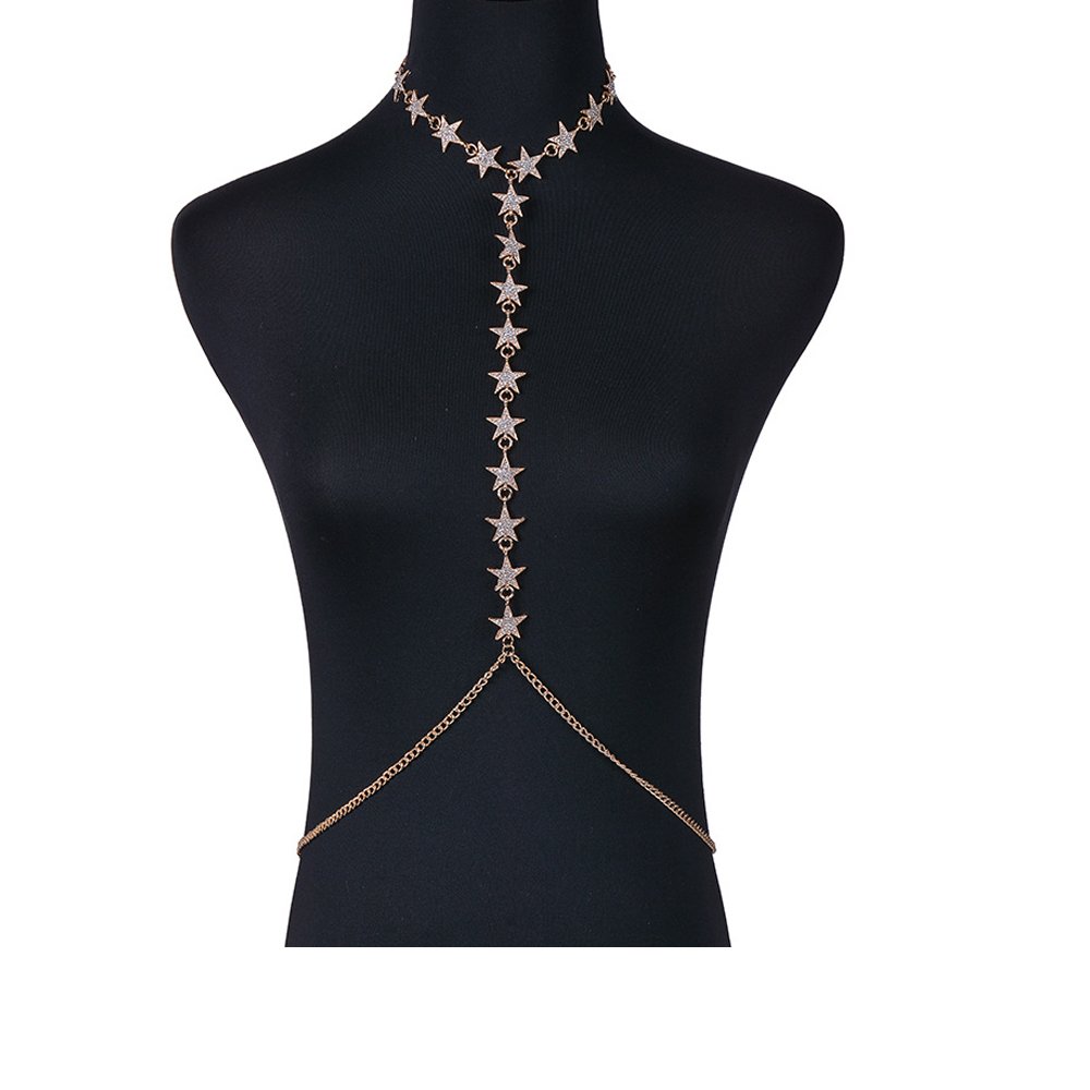 Elegant Luxury Harness Summer Bikini Body Chain Necklace Simple Star Choker Bralette Belly Waist Chain Jewelry Gold for Women Party Beach Accessories