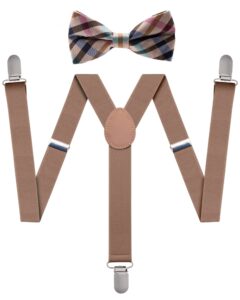 man of men bowtie & suspender set - beige checkered bowtie & beige suspenders - boys suspenders and bow tie set