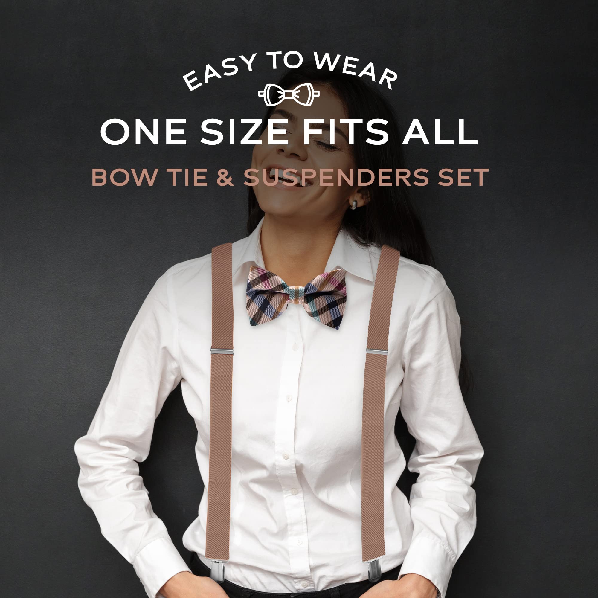 Man of Men Bowtie & Suspender Set - Beige Checkered Bowtie & Beige Suspenders - Boys Suspenders and Bow Tie Set