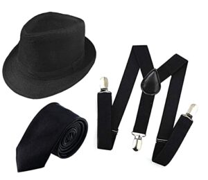 1920s mens clothing gatsby gangster roaring 20s costume accessories set fedora hat and tie for gangster theme party halloween(black)