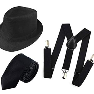 1920s Mens Clothing Gatsby Gangster roaring 20s Costume Accessories Set Fedora Hat and Tie for Gangster Theme Party Halloween(black)