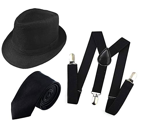 1920s Mens Clothing Gatsby Gangster roaring 20s Costume Accessories Set Fedora Hat and Tie for Gangster Theme Party Halloween(black)