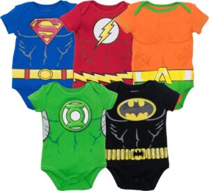 warner bros. justice league baby boys' 5 pack superhero bodysuits - batman, superman, the flash, aquaman and green lantern (6-9m)