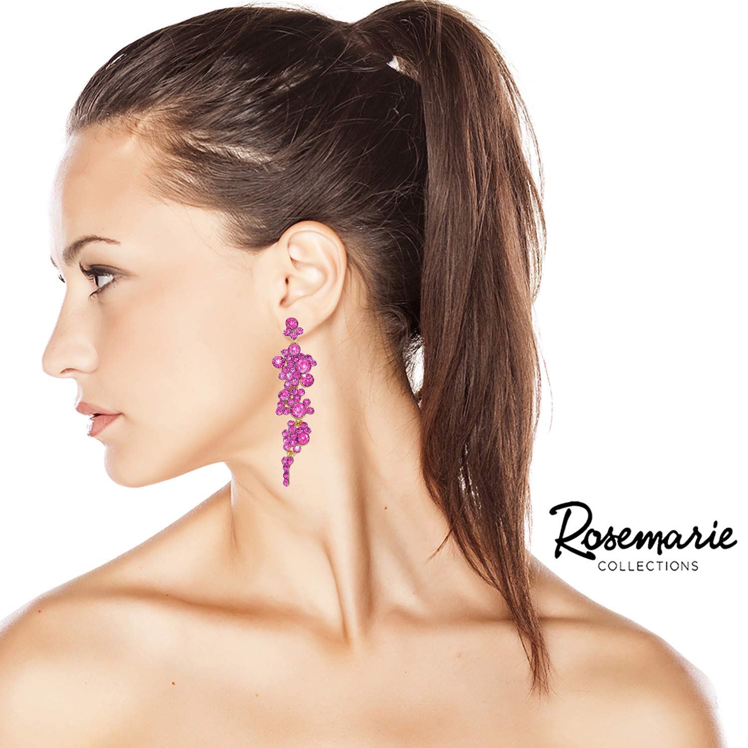 Rosemarie Collections Women's Stunning Crystal Rhinestone Statement Bubble Dangle Earrings 3.25 Inches (Fuchsia Pink Gold Tone)