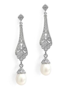 mariell cubic zirconia vintage art deco dangle earring with freshwater pearl drops for brides or weddings