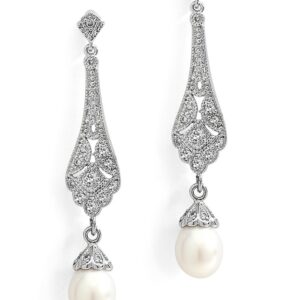 Mariell Cubic Zirconia Vintage Art Deco Dangle Earring with Freshwater Pearl Drops for Brides or Weddings