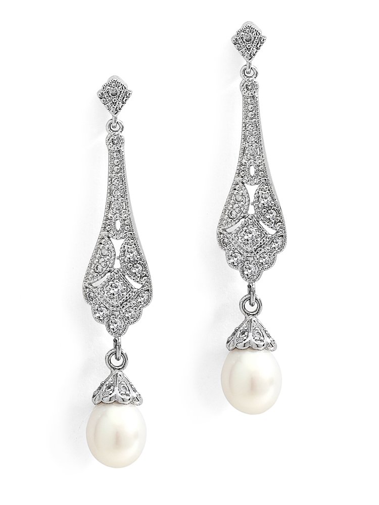 Mariell Cubic Zirconia Vintage Art Deco Dangle Earring with Freshwater Pearl Drops for Brides or Weddings