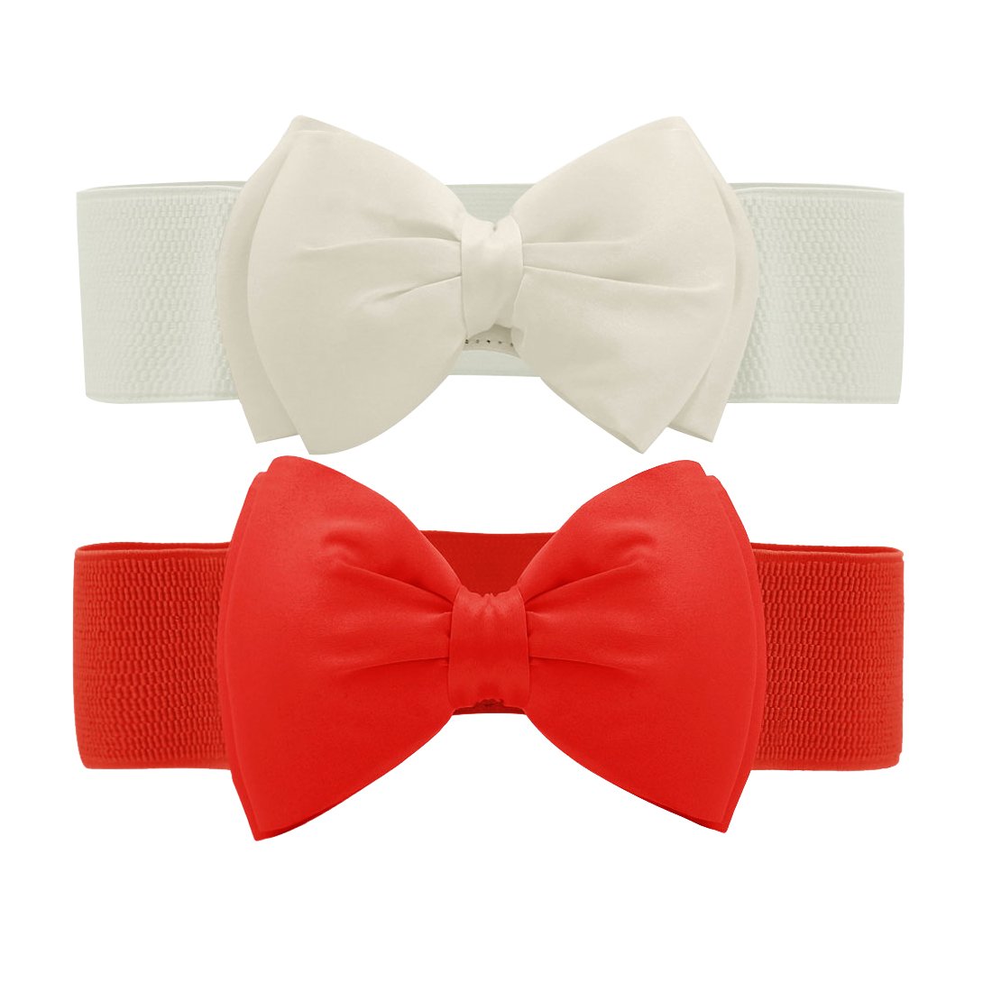 Allegra K Women Press Studs Closure Bowknot Elastic Waist Belt White+Red