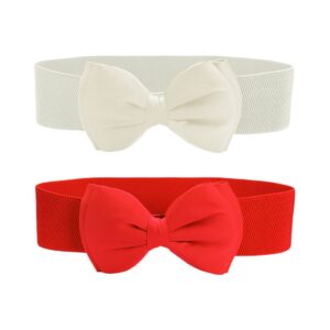 Allegra K Women Press Studs Closure Bowknot Elastic Waist Belt White+Red