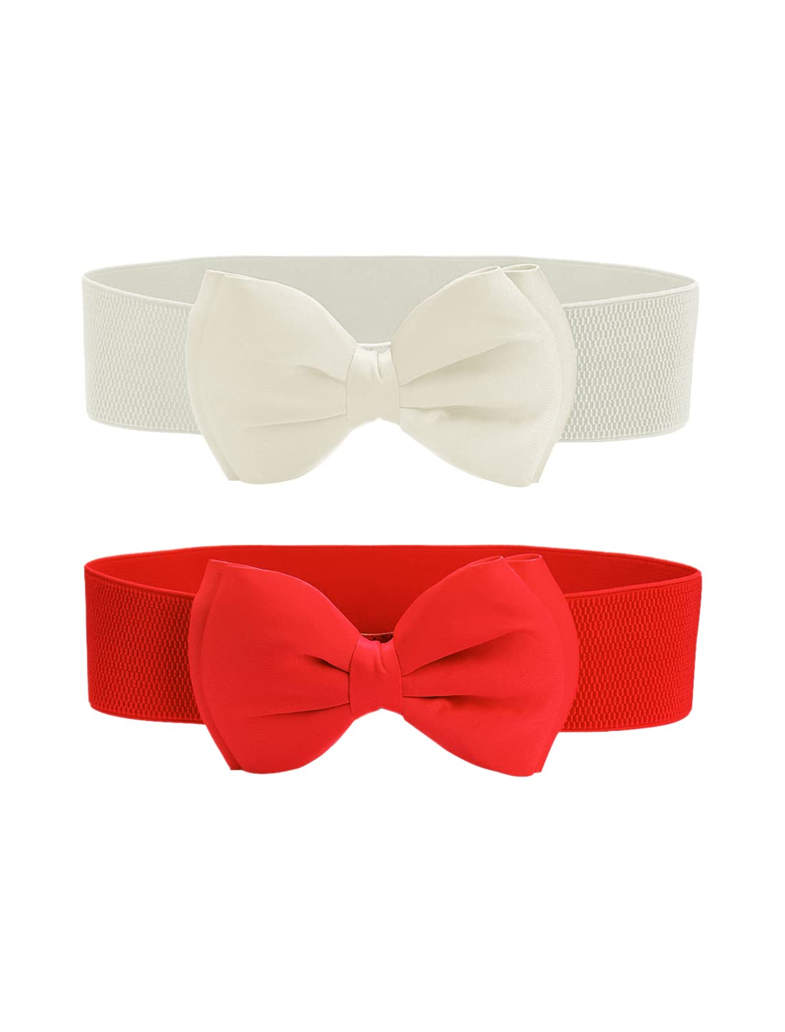 Allegra K Women Press Studs Closure Bowknot Elastic Waist Belt White+Red