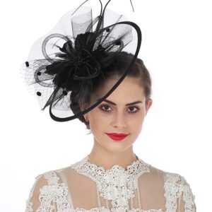 Lucky Leaf Women Girl Fascinators with Hair Clip Hairpin Hat Bowknot Feather Flower Veil Cocktail Wedding Tea Party Hat (8-Black)