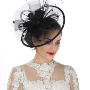 Lucky Leaf Women Girl Fascinators with Hair Clip Hairpin Hat Bowknot Feather Flower Veil Cocktail Wedding Tea Party Hat (8-Black)