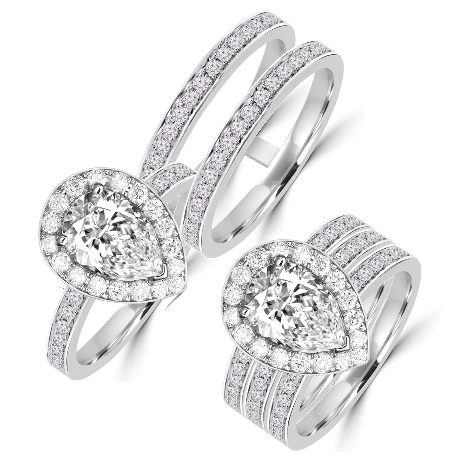 Diamonbella Realistic Simulated Diamond Pear Shaped Halo Ring Double Band Set 2 Carat Solid 925 Silver Platinum Plated PEARDBSET7 (4.5)