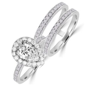 Diamonbella Realistic Simulated Diamond Pear Shaped Halo Ring Double Band Set 2 Carat Solid 925 Silver Platinum Plated PEARDBSET7 (4.5)