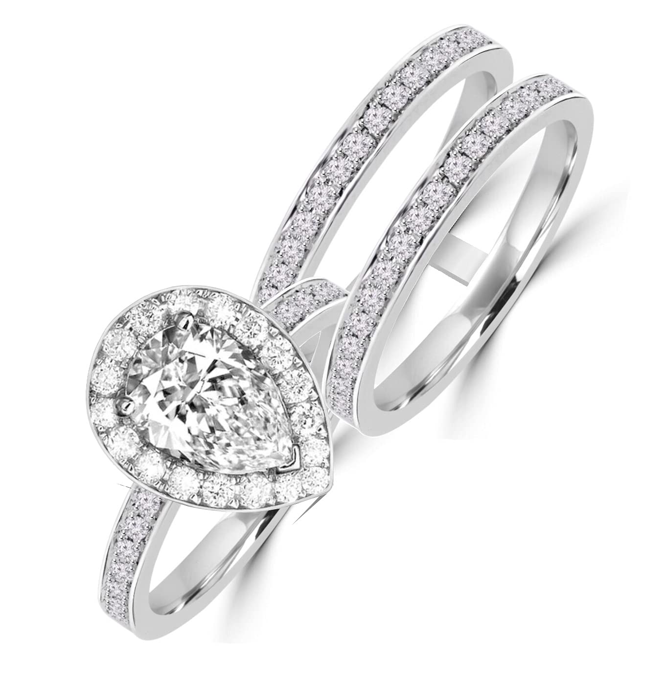 Diamonbella Realistic Simulated Diamond Pear Shaped Halo Ring Double Band Set 2 Carat Solid 925 Silver Platinum Plated PEARDBSET7 (4.5)