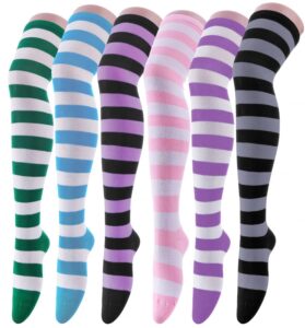 women's extra long opaque striped over knee high stockings socks, 6 pairs k, one size