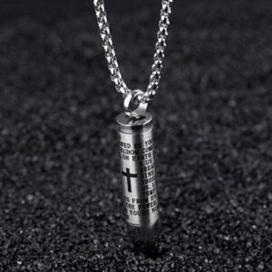 LIANTSH Lord's Prayer Cross Bullet Pendant Stainless Steel Lords Bible in English Cross Prayer Cremation Ashes Urn Necklace, Free Chain-Silver Color