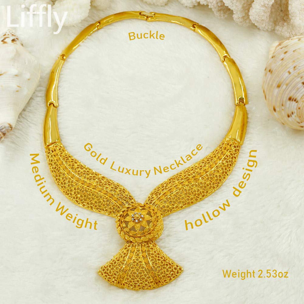 Gold Jewelry Set Dubai African Jewelry Sets for Women 24 K Hollow Golden Luxury Necklace Earrings Bracelet Ring Set for Lady Wife Mother