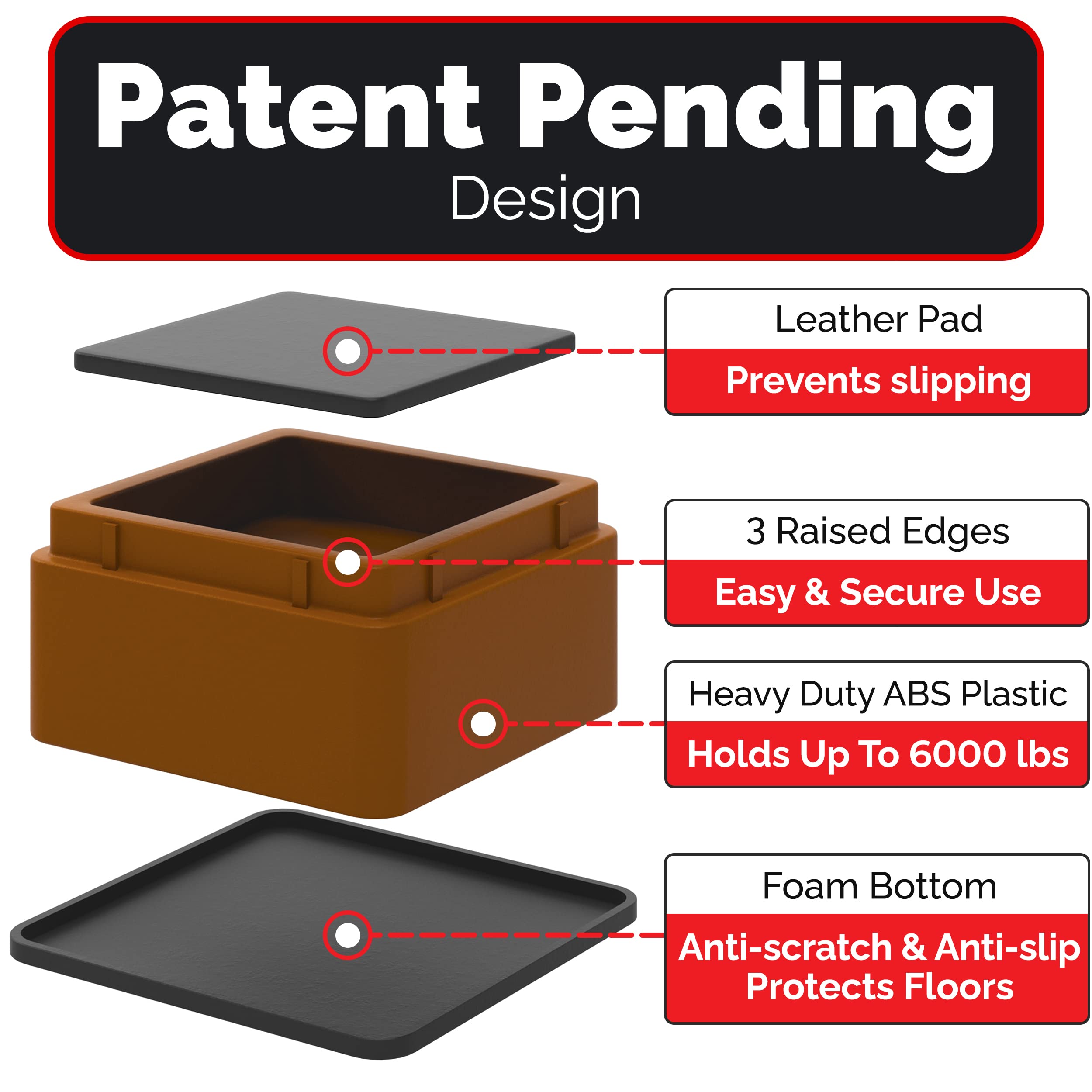 iPrimio Bed Risers - Square, 2 Inch Lift, Heavy Duty, 4 Pack, Up to 10000lbs - Bed Raising Blocks, Furniture Risers - Safe, Sturdy Bed Lifts for College Dorm Rooms, Couches, Tables, Desk Riser