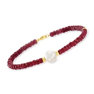 ross-simons 9-10mm cultured pearl and 22.00 ct. t.w. ruby bead bracelet with 14kt yellow gold. 7.25 inches