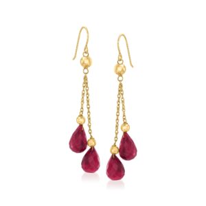 ross-simons 15.00 ct. t.w. ruby and bead double drop earrings in 14kt yellow gold