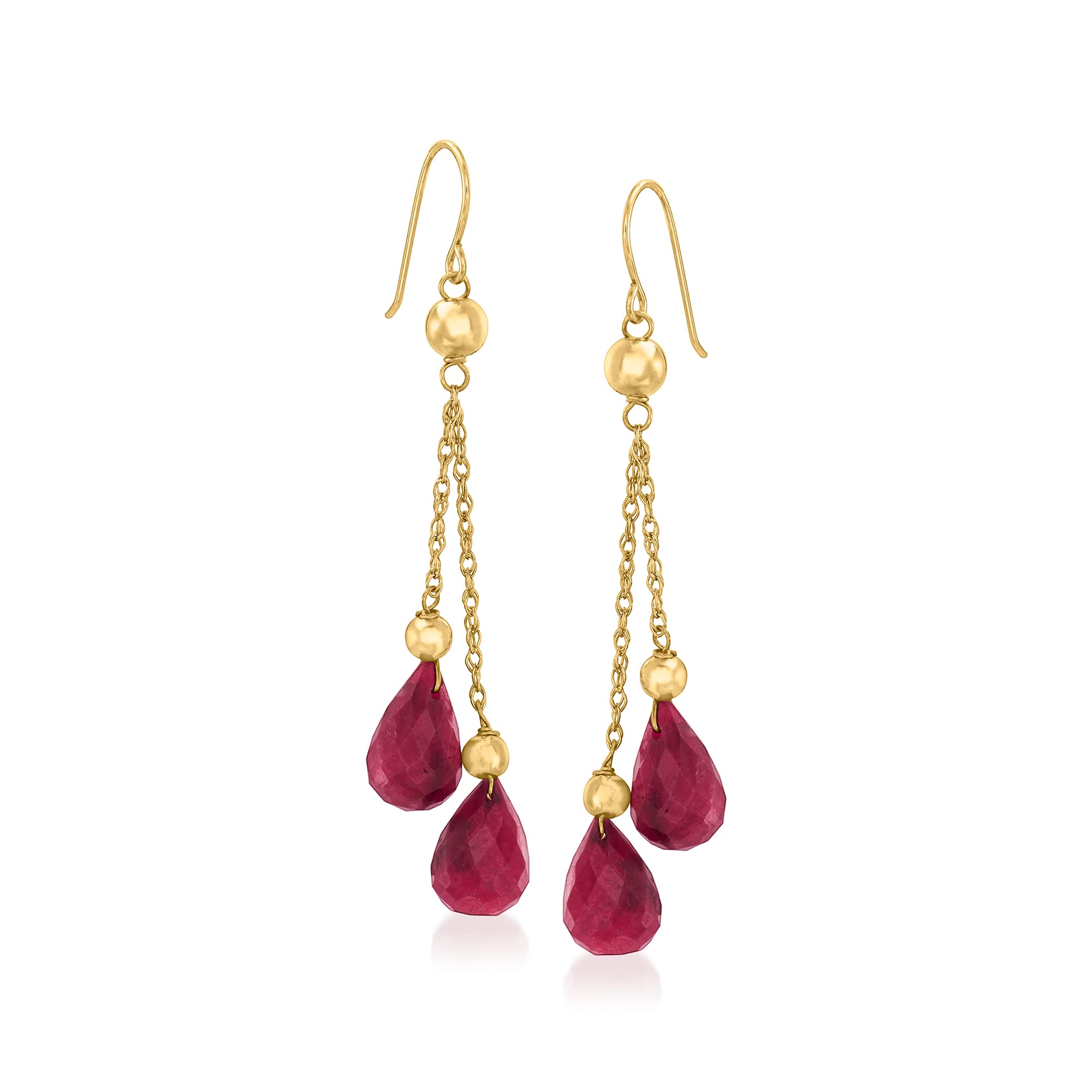 Ross-Simons 15.00 ct. t.w. Ruby and Bead Double Drop Earrings in 14kt Yellow Gold