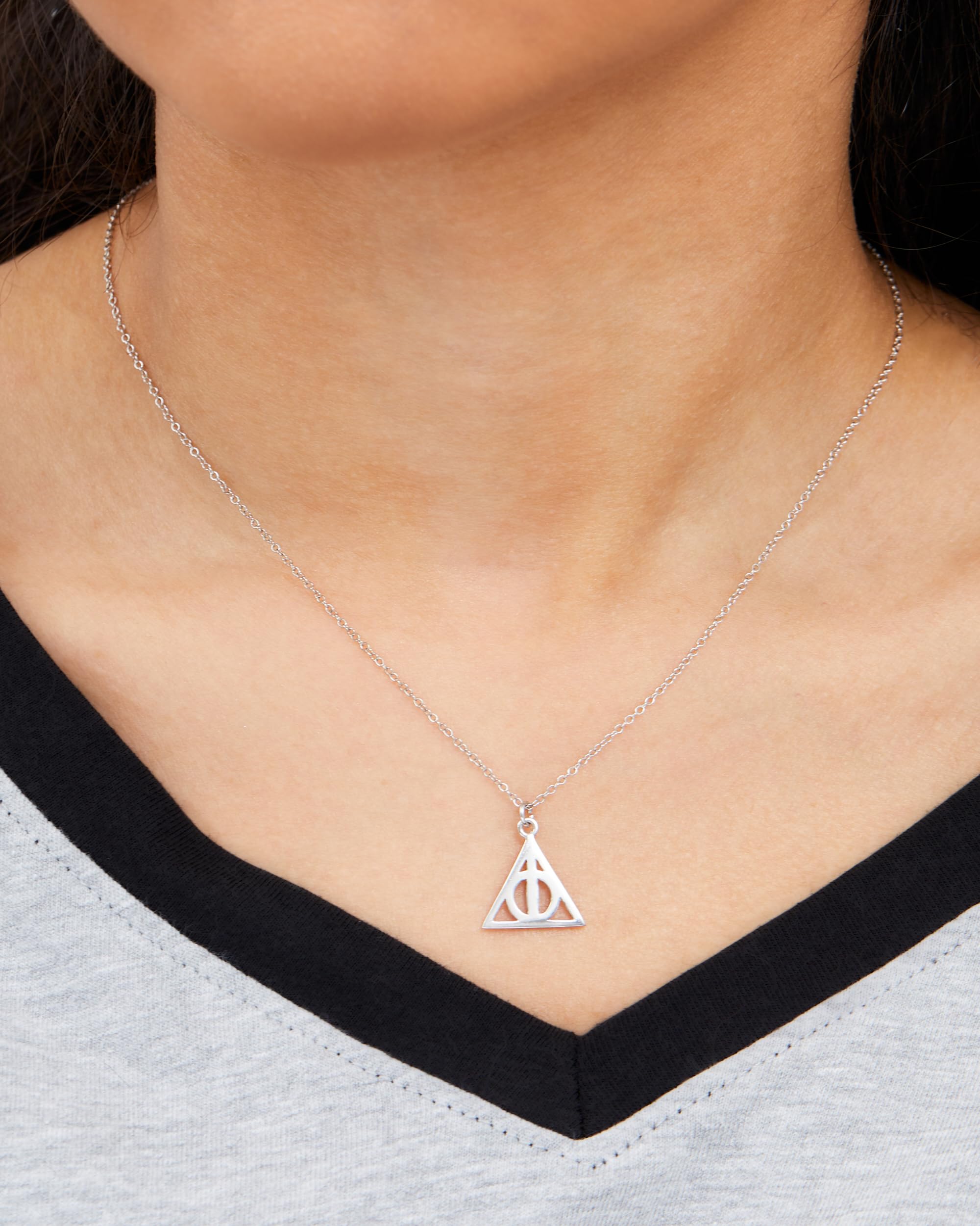 Harry Potter Jewelry for Women, Sterling Silver Deathly Hallows Pendant Necklace, 18" Chain