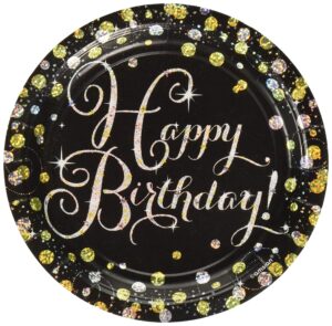 sparkling "happy birthday" celebration round prismatic plates, 7" (pack of 8) - dazzling black, silver & gold party plates, perfect for a sophisticated birthday bash