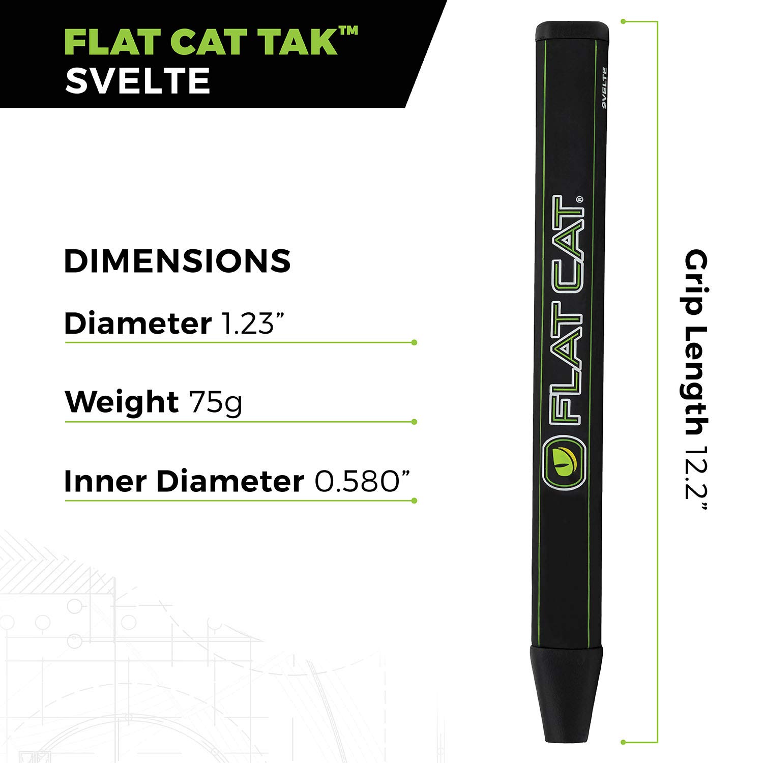 FLAT CAT TAK Putter Grip Svelte 8726, Slightly Oversized Rubber Non-Tapered Golf Grip, Flat Sides Put The Feeling Of A Square Putter Face In The Palm Of Your Hand, 12.2”L X 1.23”W, weighs 75g