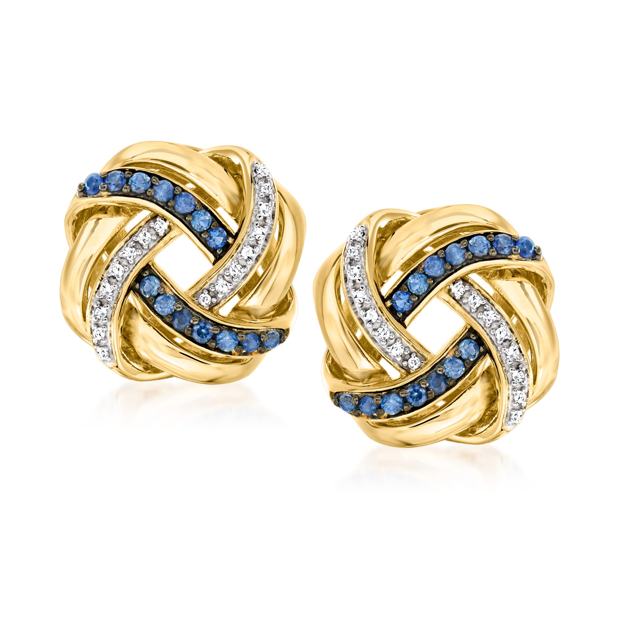 Ross-Simons 0.40 ct. t.w. Sapphire and .10 ct. t.w. Diamond Love Knot Earrings in 18kt Gold Over Sterling