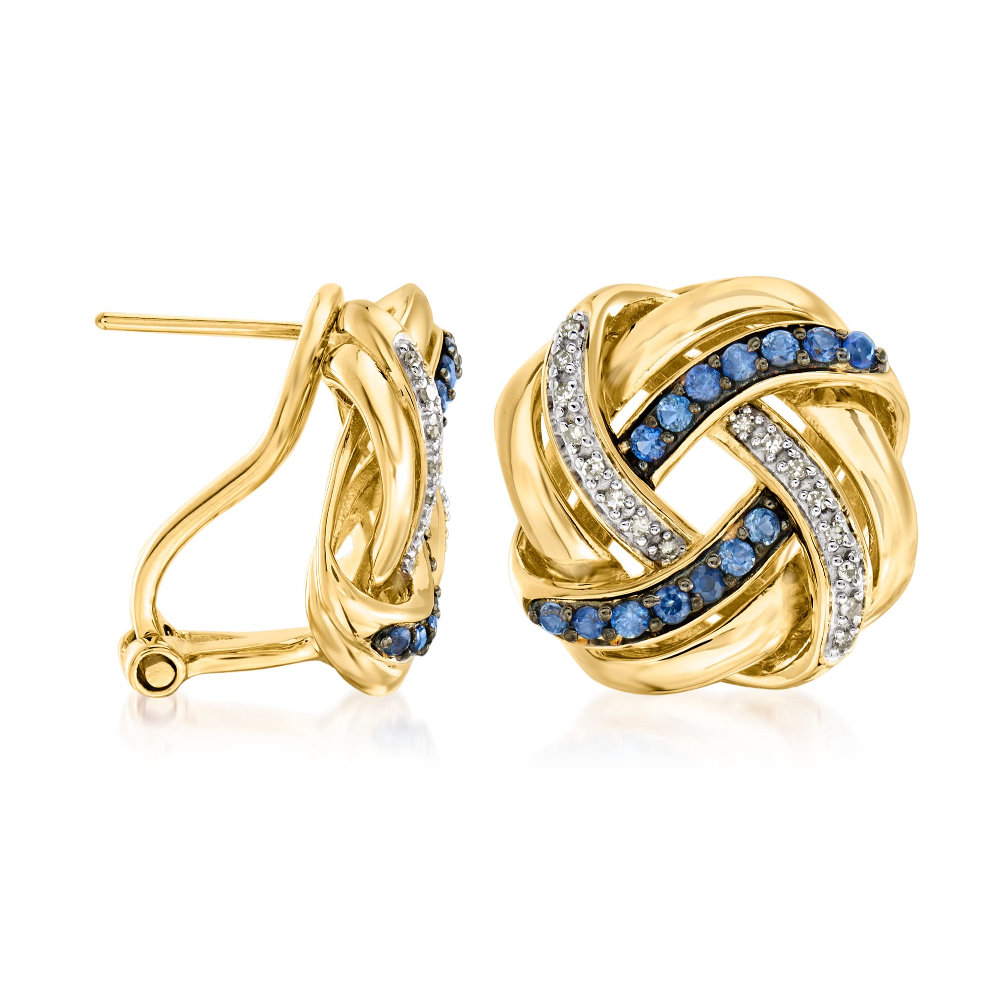 Ross-Simons 0.40 ct. t.w. Sapphire and .10 ct. t.w. Diamond Love Knot Earrings in 18kt Gold Over Sterling