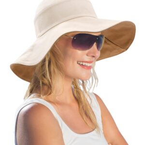 ASSQI Women's Sun Hats Summer Beach foldable Cotton Cap Wide Brim Chin Cord Beige