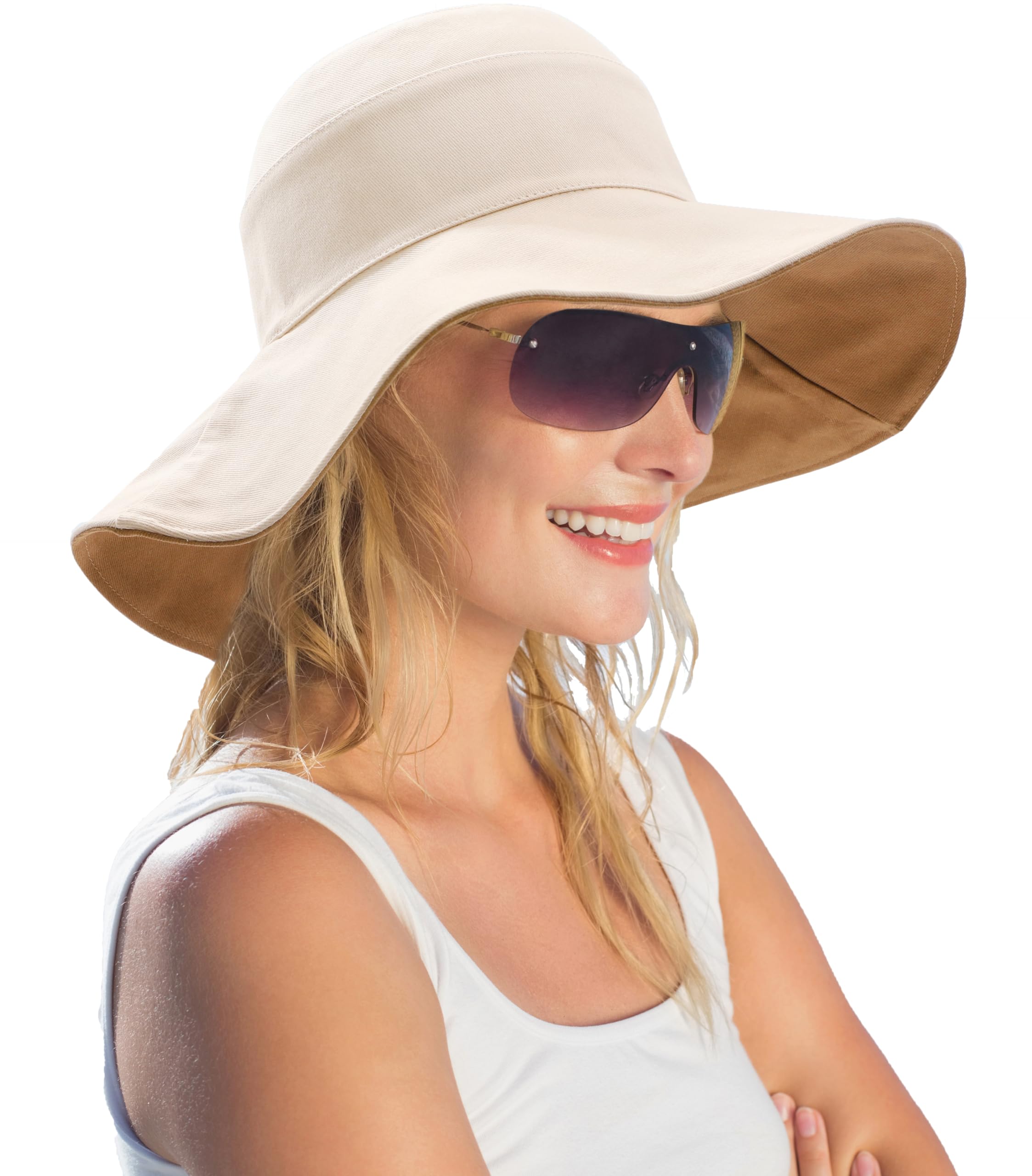 ASSQI Women's Sun Hats Summer Beach foldable Cotton Cap Wide Brim Chin Cord Beige