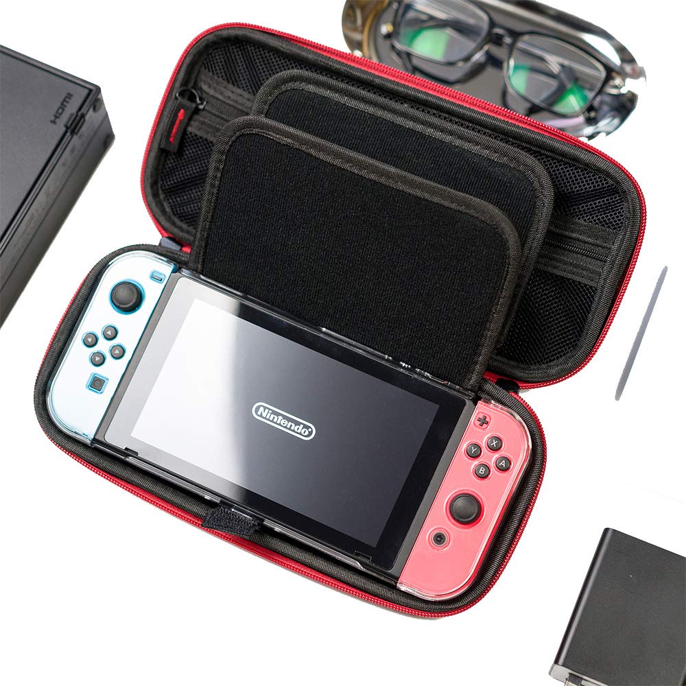 Switch Accessories Carry Case for Nintendo Switch Joy Con Covers Transparent Switch Hard Cover9H Tempered Glass Screen Protector (red)