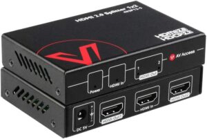 4k@60hz/1080p@120hz hdmi 2.0 splitter 1 in 2 out, auto downscaler with hdr10 &3d, 18gbps zero latency, av access gaming splitter, duplicate/mirror screens, hdcp 2.2, for xbox, ps5