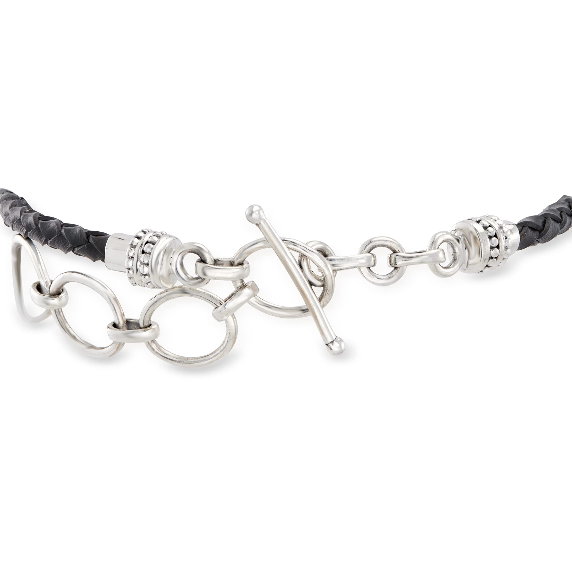 Ross-Simons 2.50 Carat Amethyst and Black Leather Toggle Bracelet in Sterling Silver. 7 inches