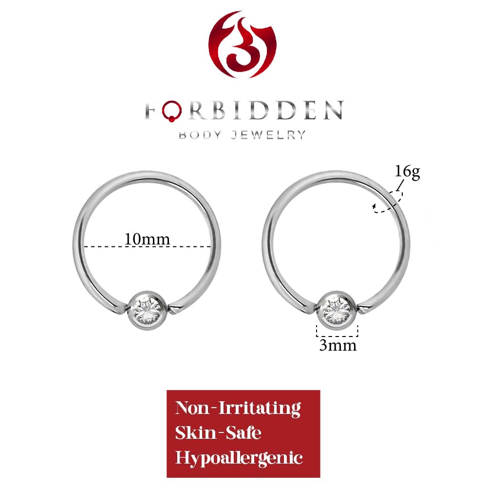 Forbidden Body Jewelry Pair of 16g 10mm Every-Day Surgical Steel Clear Jeweled Captive Bead Ring Body Piercing Hoops