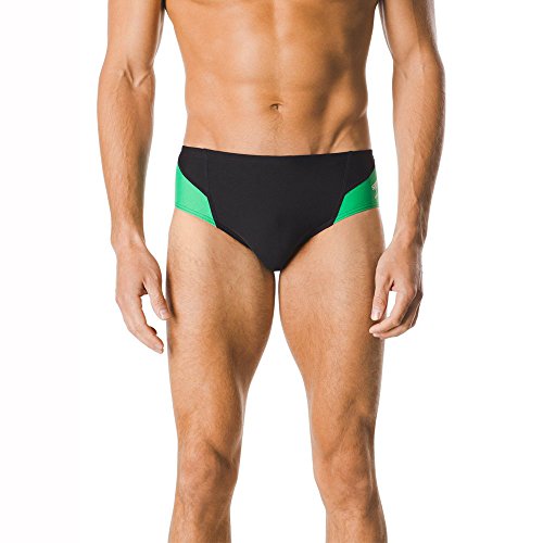 Speedo Men's Swimsuit Brief Endurance+ Splice Team Colors,Black/Green Spark,34