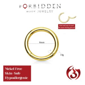 Forbidden Body Jewelry 316L Surgical Steel Hinged Seamless Nose Rings Hoop 14 gauge (14G), Diameter 8mm, Gold Tone.