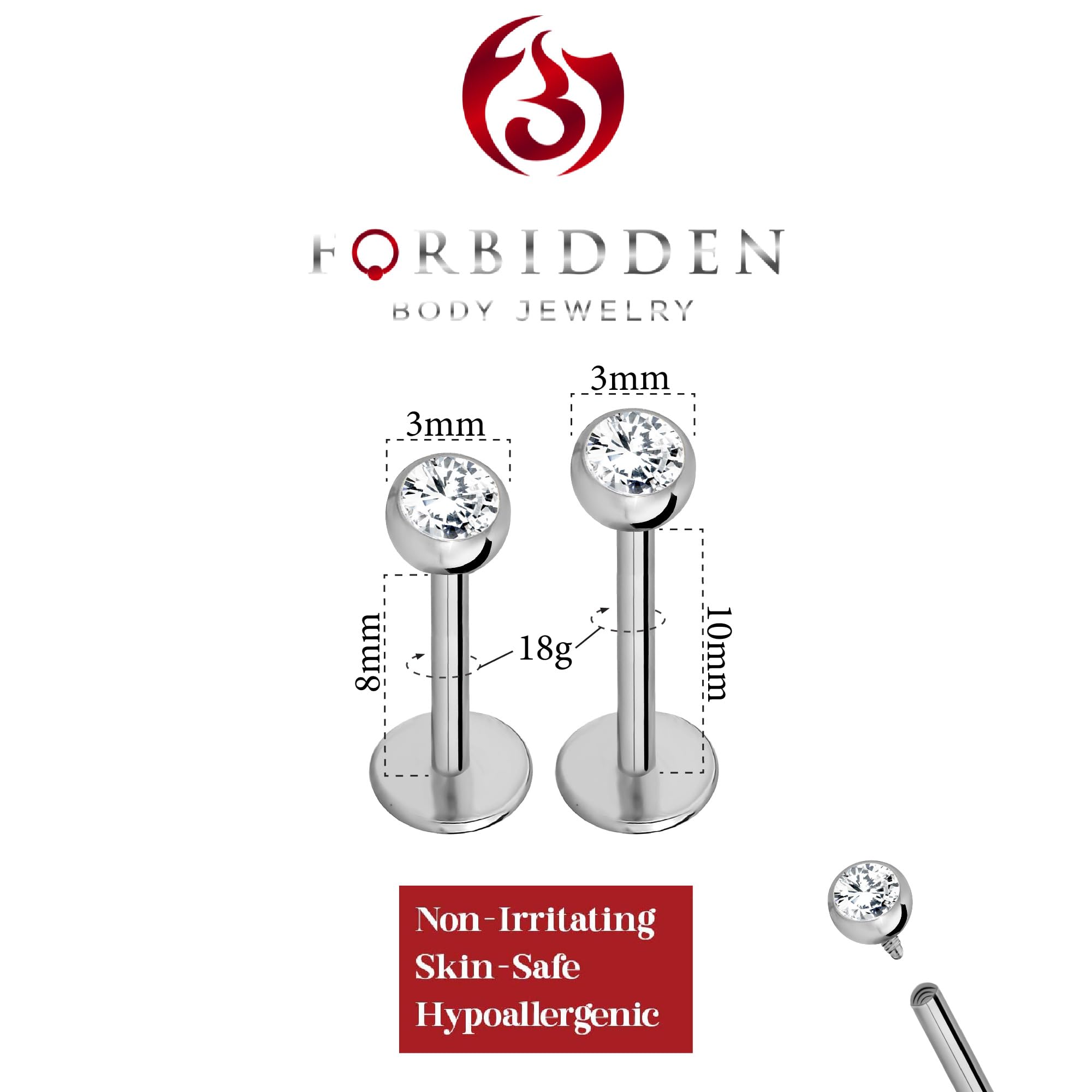 Forbidden Body Jewelry 18G 8mm & 10mm Internally Threaded Solid Titanium Tragus/Helix Earring/Labret Stud with 3mm CZ Ball Top