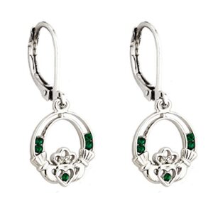 biddy murphy, traditional irish claddagh women's earrings, emerald green crystal rhodium plated drops, classic silver celtic jewelry made in ireland by artisan jewelers